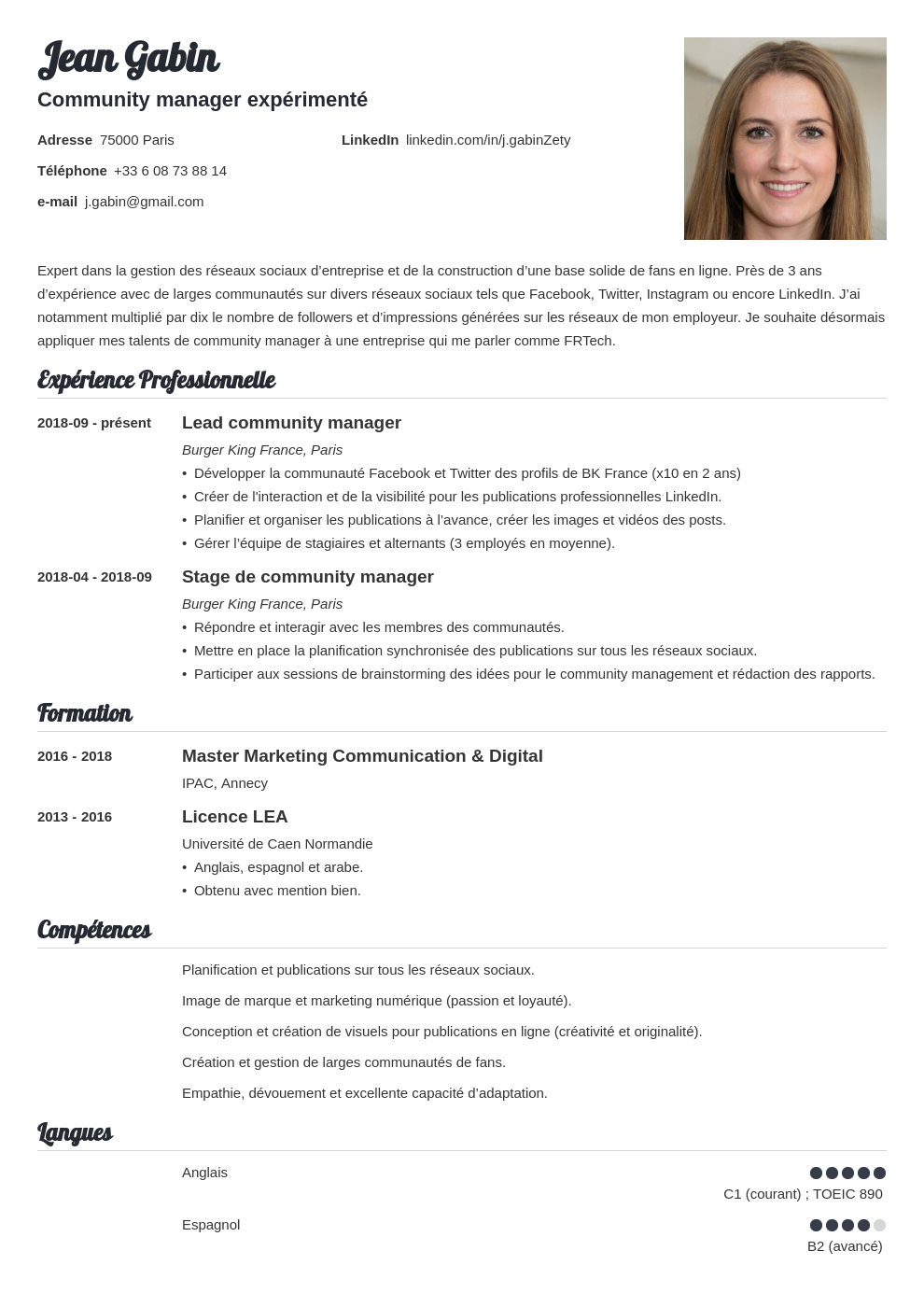 CV français : exemple pour travailler/étudier en France