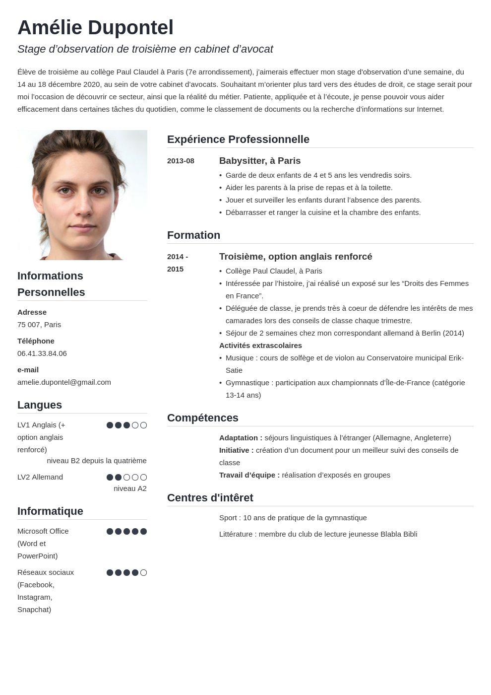 Cv Demande De Stage 3 me Exemple De Cv Coll ge 3 me ALIS