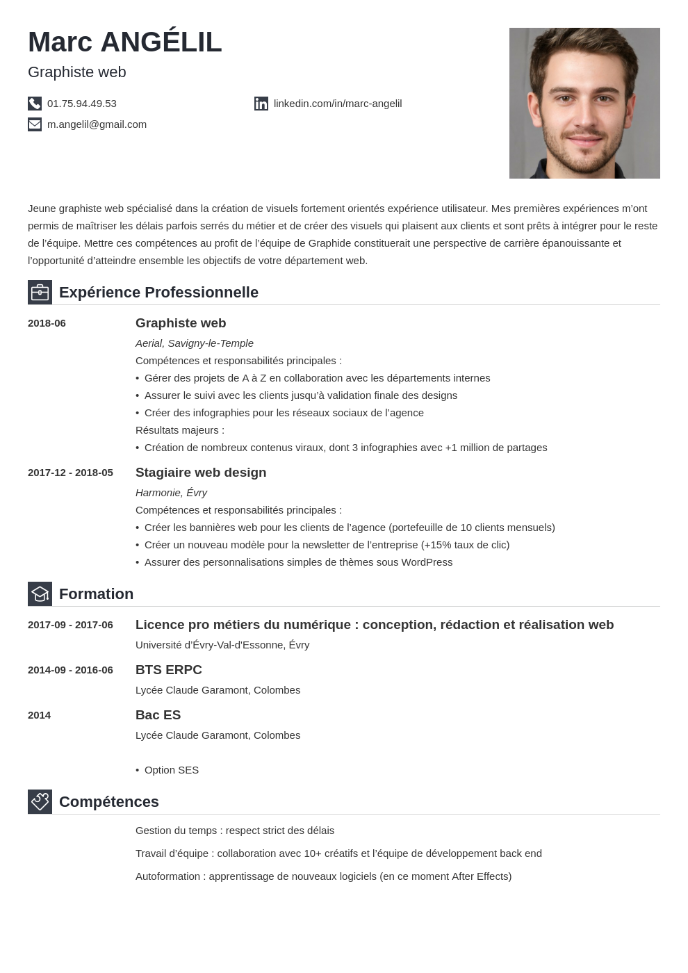 Structure d'un CV: plan et organisation des sections (exemple)
