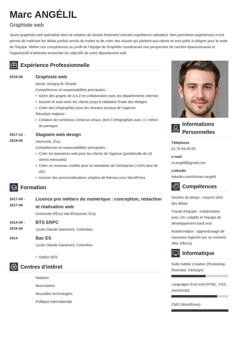 Structure d'un CV: plan et organisation des sections (exemple)