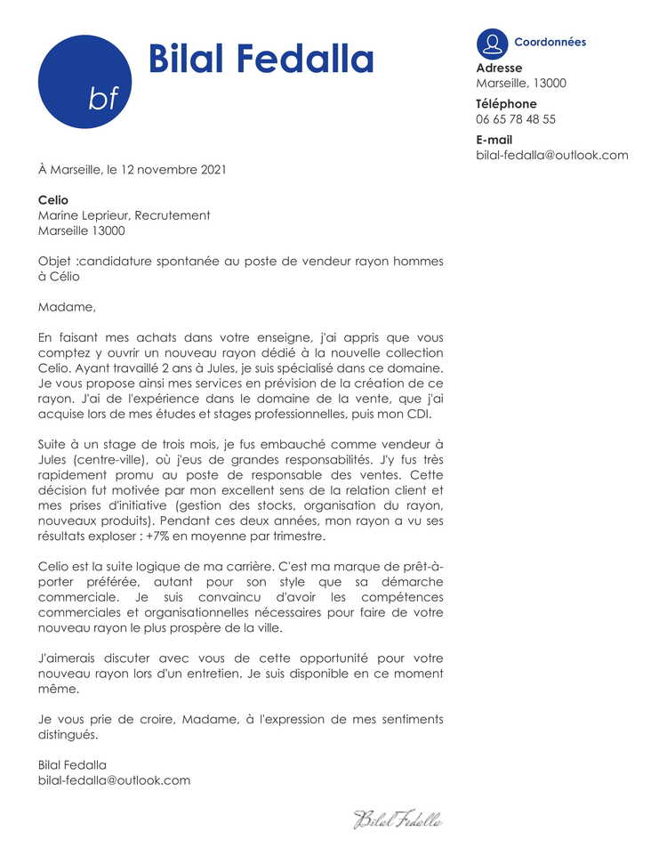 Modèle de lettre de motivation candidature spontanée