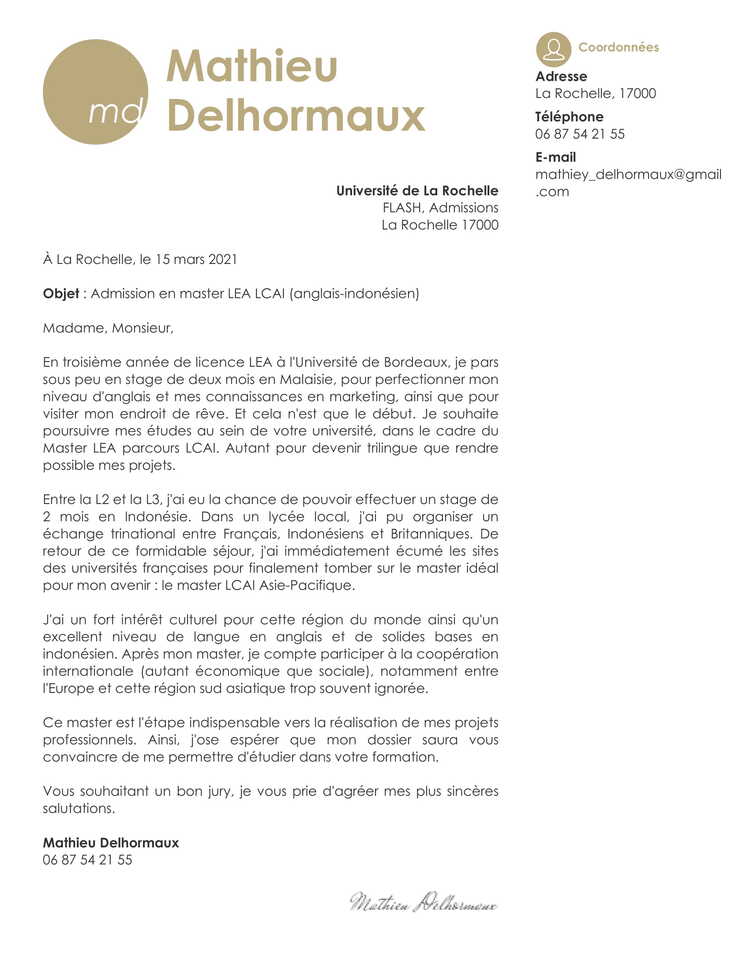 Lettre de motivation pour une formation : modèle