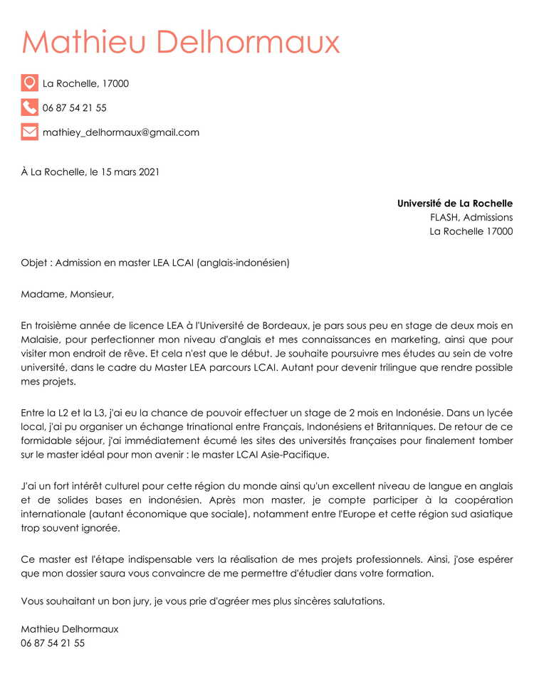 Exemple de lettre de motivation Master [modèle parfait]
