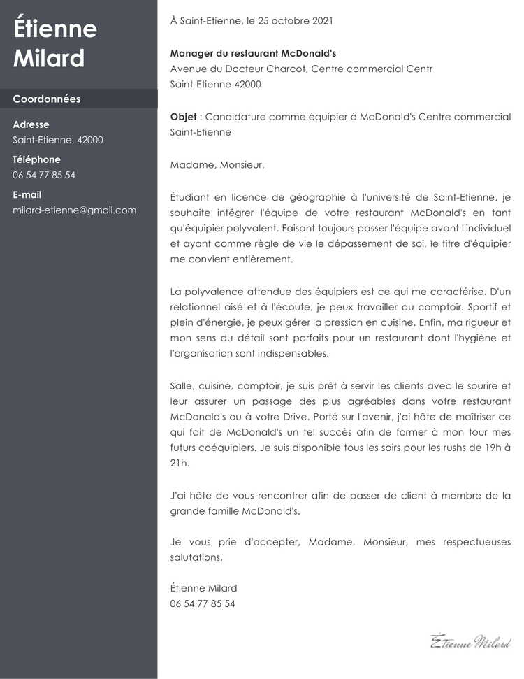 Exemple de lettre de motivation McDo (tous niveaux)
