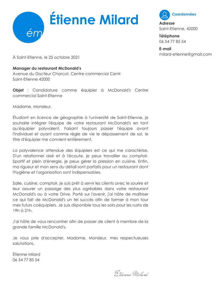 Exemple de lettre de motivation McDo (tous niveaux)